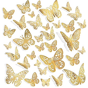 144 Pcs Gold Butterfly Wall Decor, Butterfly Cake Toppers 3D Butterfly Stickers 6 Styles and 3 Sizes, Removable Mural Stickers Decorative Butterflies Metallic Butterfly Decorations for Walls