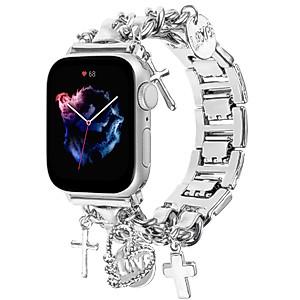 REALSIGN Stylish Metal Wristband Compatible with Apple Watch 38mm, 40mm, 41mm, Series 9, 8, 7, 6, 5, 4, 3, 2, 1, Silver Leather