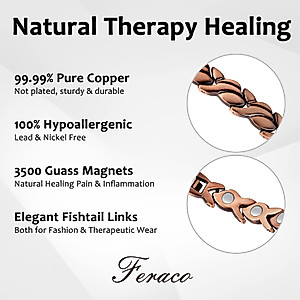 Feraco Copper Bracelet for Women for 99.99% Solid Copper Magnetic Bracelets Unique X Shape Links Magnet Jewelry (Fishtail with Ring)