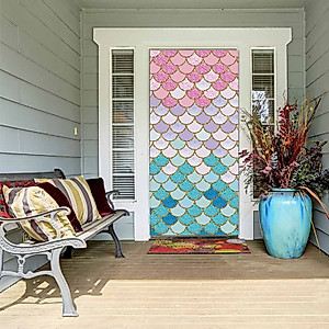 ZDX Mermaid Scales Door Banner Gold Glitter Purple Pink Blue Photo Backdrop Decor Princess Baby Shower Mermaid Birthday Party Door Hanger Cover Sign Supplies Poster Background Decor 72.8 x 35.4in