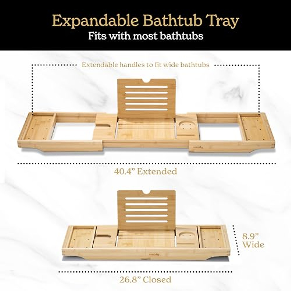 SMIRLY Expandable Bamboo Bathtub Tray, Bath Tray for Tub, Bathtub Accessories, Bath Tub Tray Wood, Bath Accessories, Bath Caddy, Bathtub Caddy Tray for Tub, Bath Table Tray