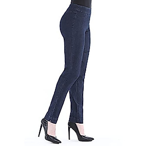 SLIM-SATION Women's Wide Band Regular Length Pull-on Straight Leg Pant with Tummy Control, Denim, 12