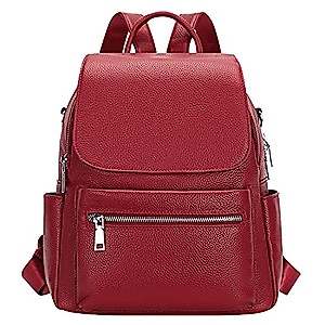 Over Earth Genuine Leather Backpack Purse for Women Fashion Travel Leather Rucksack Purse with Flap for Ladies(O138E Wine Red)