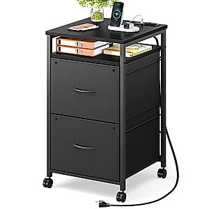 Uliyati File Cabinet, Fabric Filing Cabinet with Socket & USB Charging Port, Vertical Rolling Printer Stand with 2 Drawers, Mobile Filing Cabinet with Open Shelf, A4 or Letter Size, for Home Office