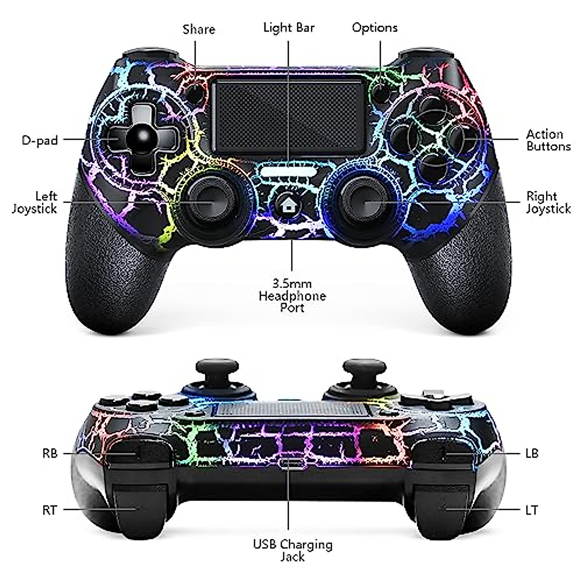 AceGamer OLED Wireless Controller for PS4,Black Crack Custom Design with RGB Light,1000mah Battery, 3.5mm Audio Jack and Turbo Function,Compatible with PS4/Slim/Pro and Windows PC