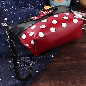 yiwoo Cartoon Leather Travel Makeup Handbag, Cute Portable Cosmetic Bag Toiletry Pouch for Women Teen Girls Kids(Black)