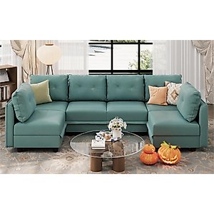 LLappuil Modular Sectional Sofa, Convertible U Shaped Sectional Couch with Storage, Modular Sectionals for Living Room, Faux Leather Fabric Waterproof Sofa, 6 Seat, Aqua Blue