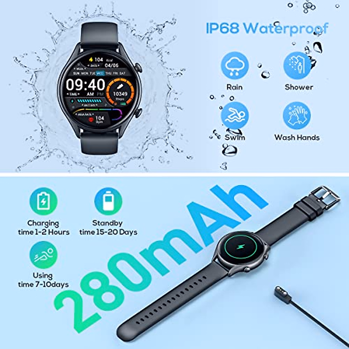 Smartwatch for Men Android iPhone: Smart Watch with Call & Text IP68 Waterproof Fitness Tracker for Sport Running Digital Watches with Heart Rate Blood Pressure Sleep Monitor Step Counter Round