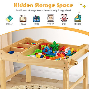 HONEY JOY Kids Table, 2 in 1 Toddler Wooden Activity Table with Paper Roll, Convertible Building Block Tabletop, 3 Storage Compartments, Children Furniture Set for Daycare, Playroom, Natural