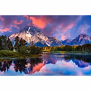 Sunrise at Oxbow Bend Grand Teton National Park Photo Photograph Mountain Nature Landscape Scenic Scenery Parks Picture America Trees Autumn Lake Reflection Cool Wall Decor Art Print Poster 36x24