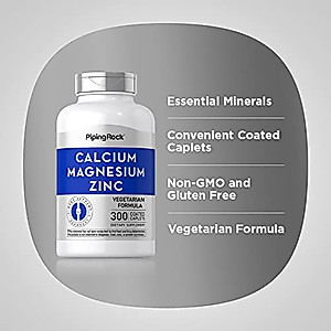 Calcium Magnesium Zinc Supplement | 300 Coated Caplets | Non-GMO, Gluten Free | by Piping Rock