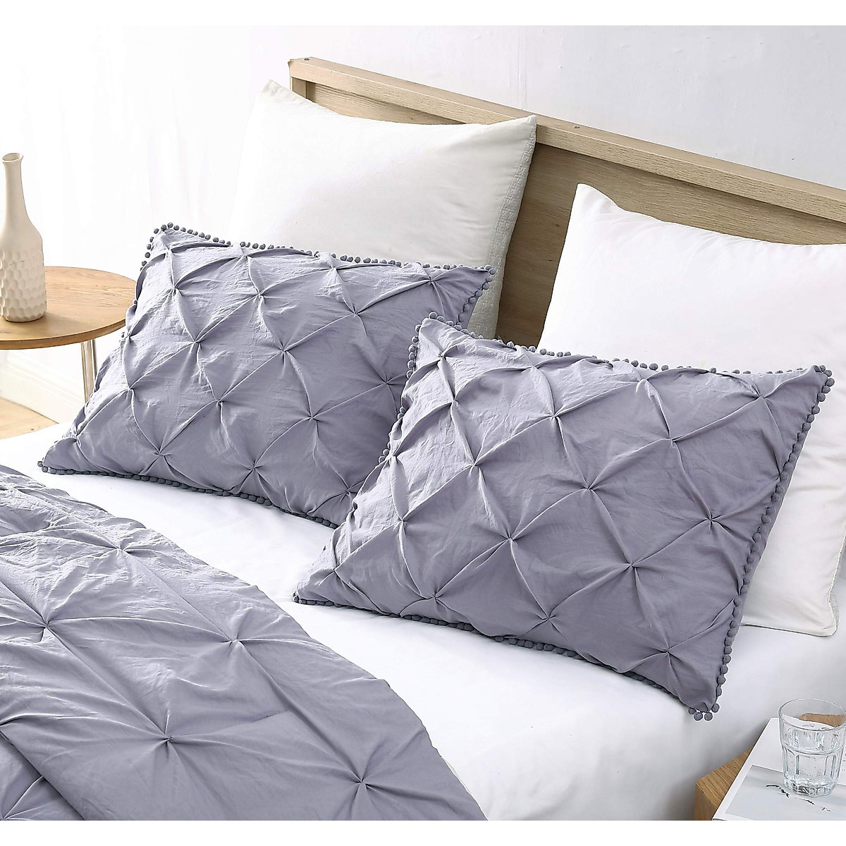 Chezmoi Collection Natalia 3-Piece Pom Poms Fringe Pinch Pleat Duvet Cover Set - Hypoallergenic Soft Washed Microfiber Comforter Cover with Button Closure and Corner Ties - Queen, Purple