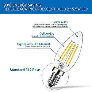ANWIO B11 LED Filament Bulb E12 Candelabra Medium Base 2700K Warm White, 5.5W(60W Equivalent) 500 Lumens Non-Dimmable Decorative Candle Light Bulb, Pack of 6
