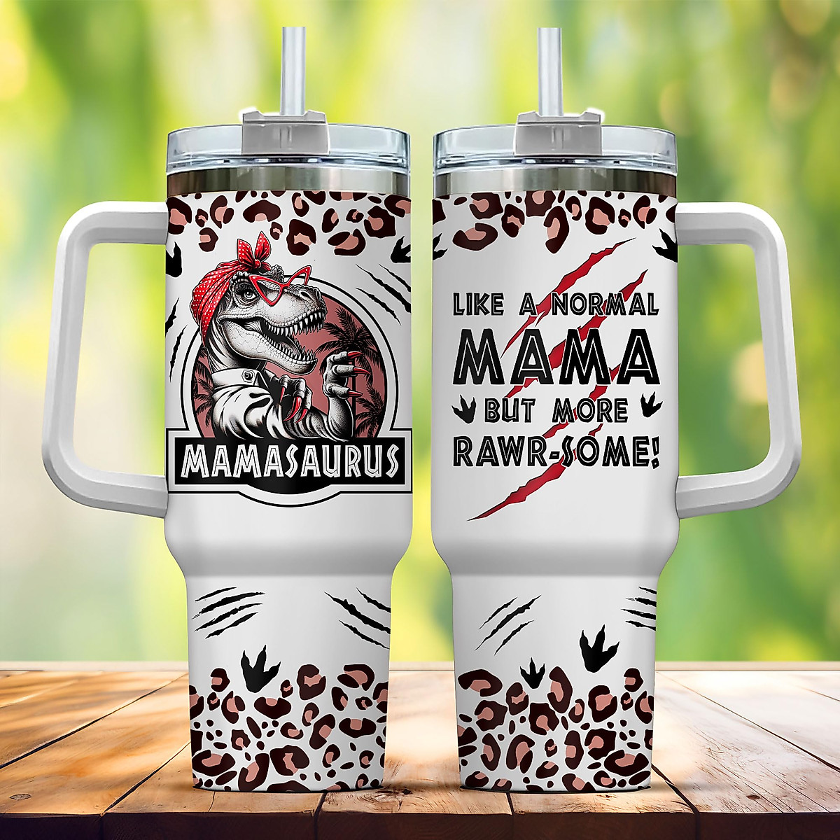 UNILYLY Tumbler 40 Oz With Handle Lid And Straw, Mamasaurus Leopard, Black Print, Mamasaurus Gifts, Keep Drinks Cold Hot, Leopard Print