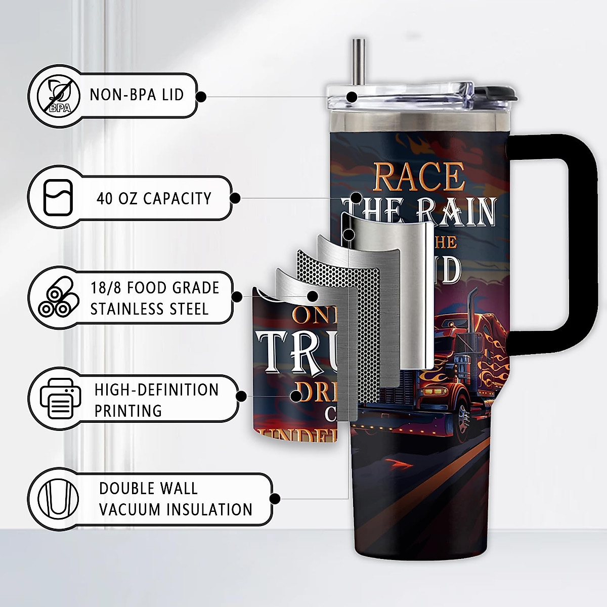 Uibunoo Truck Driver Gifts for Men, Race the Rain Ride the Wind 40 Oz Sunset Truck Tumbler with Handle & Straw, Trucker Gifts, Birthday Presents for Trucker, Stainless Steel Trucker Cup