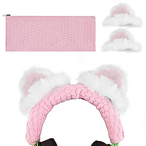 Geekria NOVA Knit Fabric Headband Cover + Cat Ears Attachment Compatible with Razer, SteelSeries, HyperX, Sennheiser, Astro, Sony, Logitech, ATH Headphones, Easy DIY Installation (Pink)