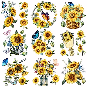 9 Sheets Sunflower Rub on Transfer for Furniture and Craft Christmas Vintage Flowers Butterflies Spring Rub on Decal Transfer Sticker for Craft Furniture Wood Decor, 5.5 x 5.7 Inches (Sunflower)