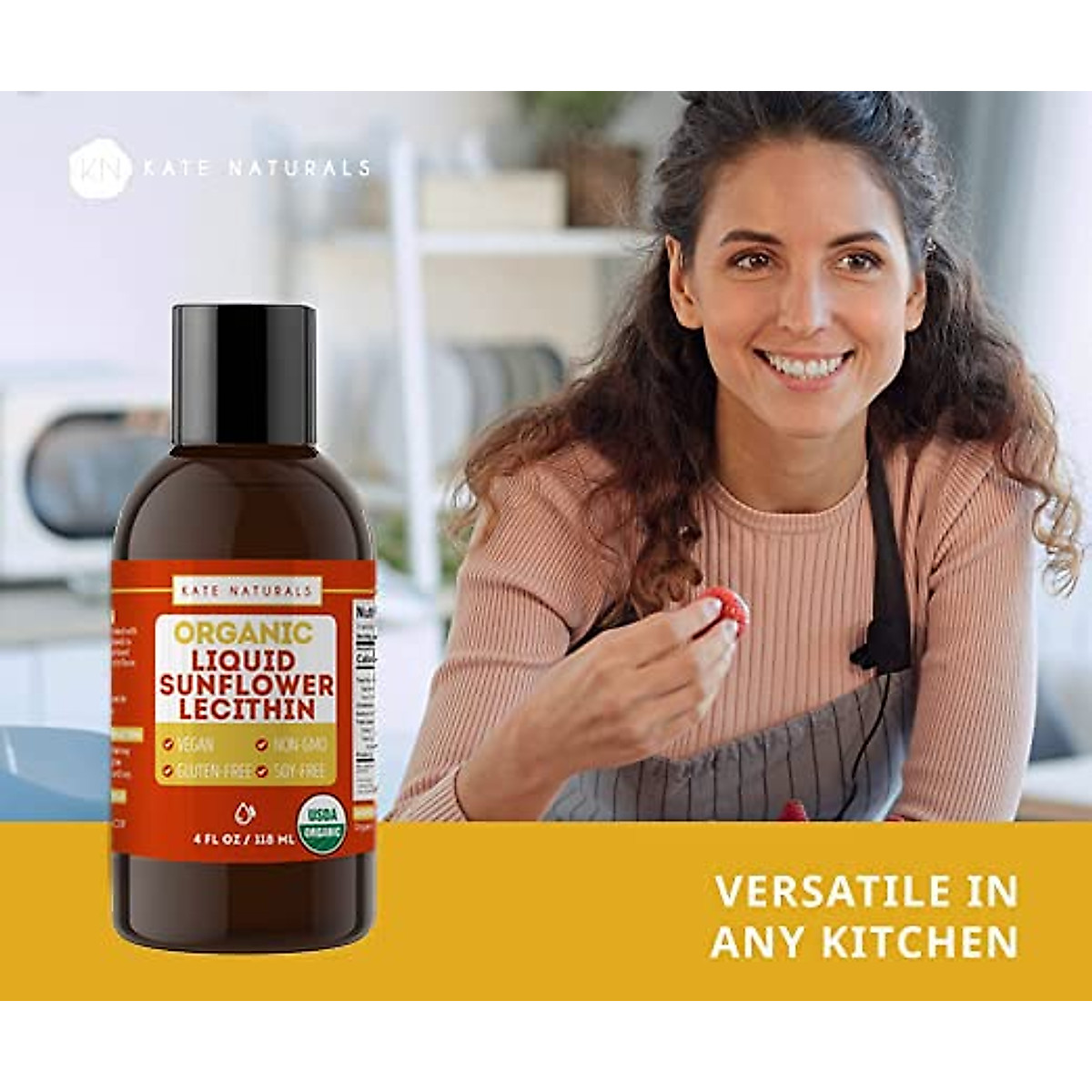Kate Naturals Organic Sunflower Lecithin Liquid for Brownies, Gummies and Cooking (4oz) Vegan & Gluten Free. Organic Liquid Lecithin Sunflower for Lactation Supplement, Baking, and Smoothies