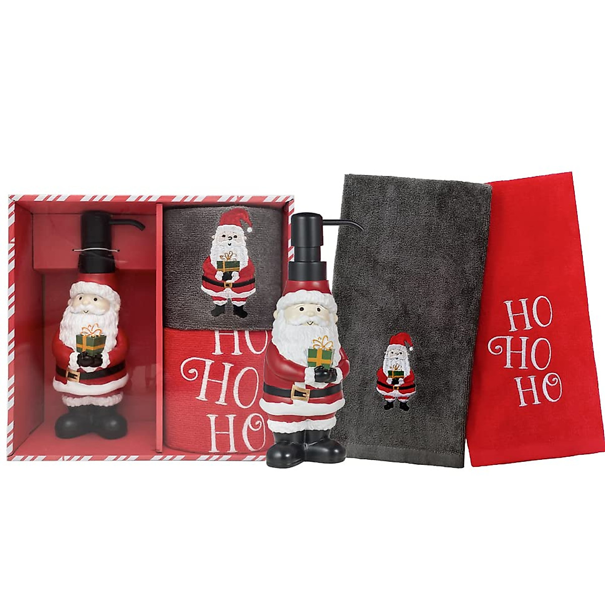 3-Piece Bathroom Accessory Set | Christmas Decor | Resin Soap Pump | 2 Embroidered Hand Towels | 3 Designs | Box Set | Great Gift | for Bathroom, Kitchen, Any Countertop | (Gifting Santa)