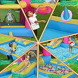 JOYMOR Inflatable Water Slide Park for Backyard, Bounce House w/Blower, 2 Water Guns, Splash Pool, Water Slide Bouncer Castle Outdoor Playhouse for Little Kids