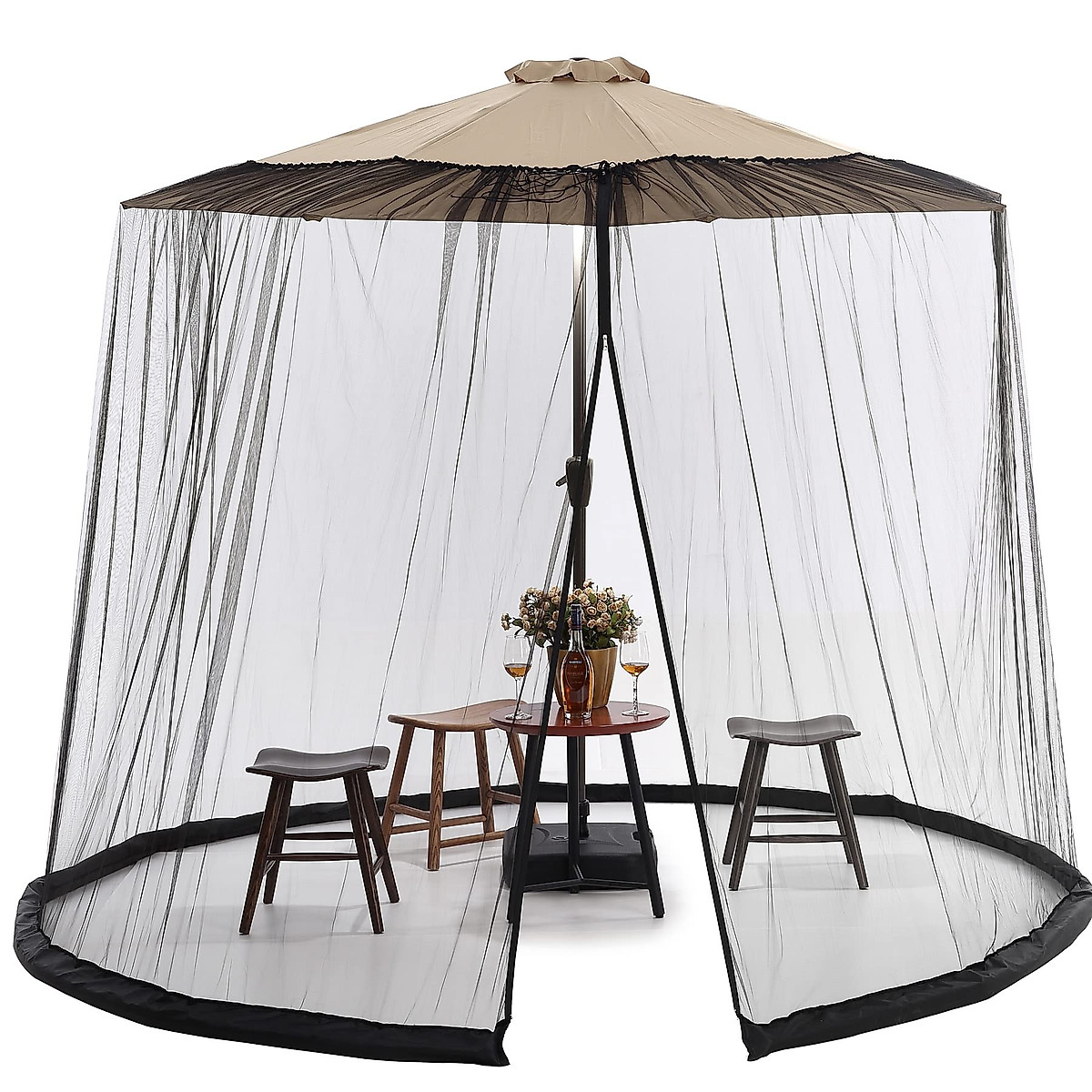 7.5-11 FT Patio Umbrella Mosquito Net, Polyester Mesh Umbrella Screen, Universal Canopy Umbrella Mosquito Netting with Zipper Door and Adjustable Rope, Fit Outdoor Umbrellas and Patio Tables