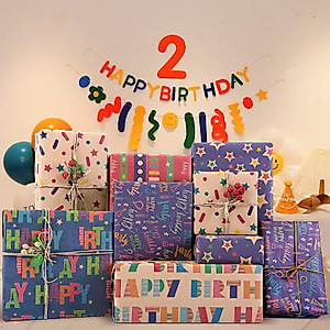 Larcenciel Birthday Wrapping Paper, 6 Sheets Kraft Gift Wrapping Paper with Cut Lines on Reverse, Happy Birthday Wrapping Paper for Boys Girls, Stars Gift Wrap for All Birthday,Baby Shower,27.5x19.6in