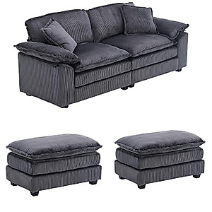 Corduroy Modular Sectional Couch, 84“ Width Oversize Loveseat Sofa, Comfy Plush Cloud Couch Lounge Chair with Ottomans and 2 Pillows for Small Spaces, Living Room, Bedroom, Office (Grey)