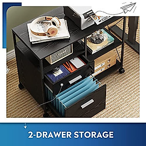 DEVAISE 2 Drawer Lateral File Cabinet with Lock, Mobile Printer Stand with Open Storage Shelf, Wood Filing Cabinet fits A4 or Letter Size for Home Office, Black