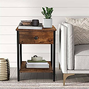 HIGOH Bedside Table 2 Tier Wooden Nightstands Tables with Drawer Rustic Bedroom Bed Side Table with Metal Frame for Bedroom Living