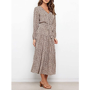 PRETTYGARDEN Womens Fall Long Sleeve Wrap V Neck Ruffle Floral Maxi Dress Casual Tie Waist Boho Chiffon Flowy Long Dresses(Apricot,Medium)