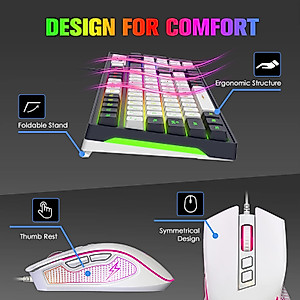 Wired RGB Gaming Keyboard and Mouse Combo with Multi Rainbow LED Backlight Ergonomic 96Key Layout 26Key Anti-ghosting Mechanical Feel Adjustable 3600DPI Mice Mouse Pad for PC Mac Gamer Typists(White)