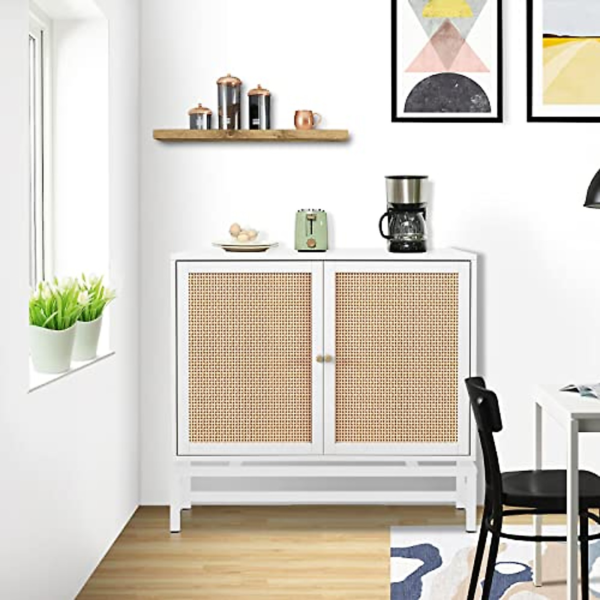 Recaceik Ratten Sideboard Buffet Cabinet/Console Table, Natural Accent Storage Cabinet with 2 Ratten Doors and Metal Legs, Rustic Wood Sideboard Furniture for Bedroom, Kitchen