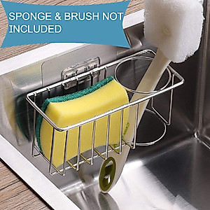 OUKALU Sink Organizer Adhesive Sponge Holder with Brush Holder, 2-in-1 Sink Caddy for Kitchen, SUS304 Stainless Steel Rustproof Waterproof,No Drilling