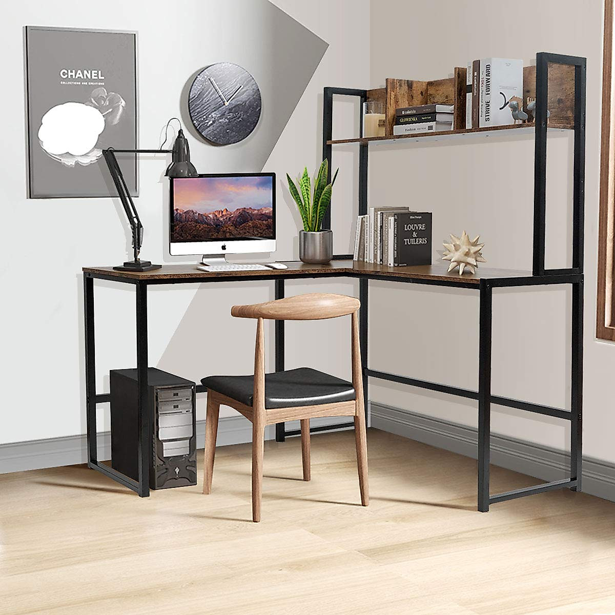 Tangkula Reversible L-Shaped Desk with Hutch, Space Saving Corner Computer Desk with Storage Shelves, Home Office Study Writing Desk Computer Workstation with Storage Bookshelf, Gaming Desk