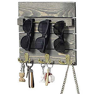 MyGift Wall Mounted Accessory Organizer, Weathered Gray Solid Wood Sunglasses Holder with Brass Metal Hanger Bar and 3 Dual Key Hooks