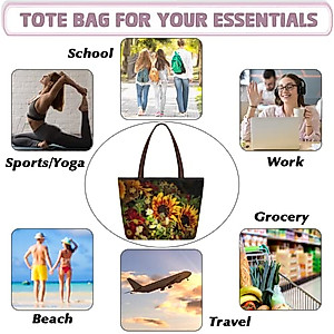 Sunflower Floral Large Totes Top Handle Purse Women Shoulder Bag, Summer Flower Tote Bag with Zipper Handbag for Travel School Girls