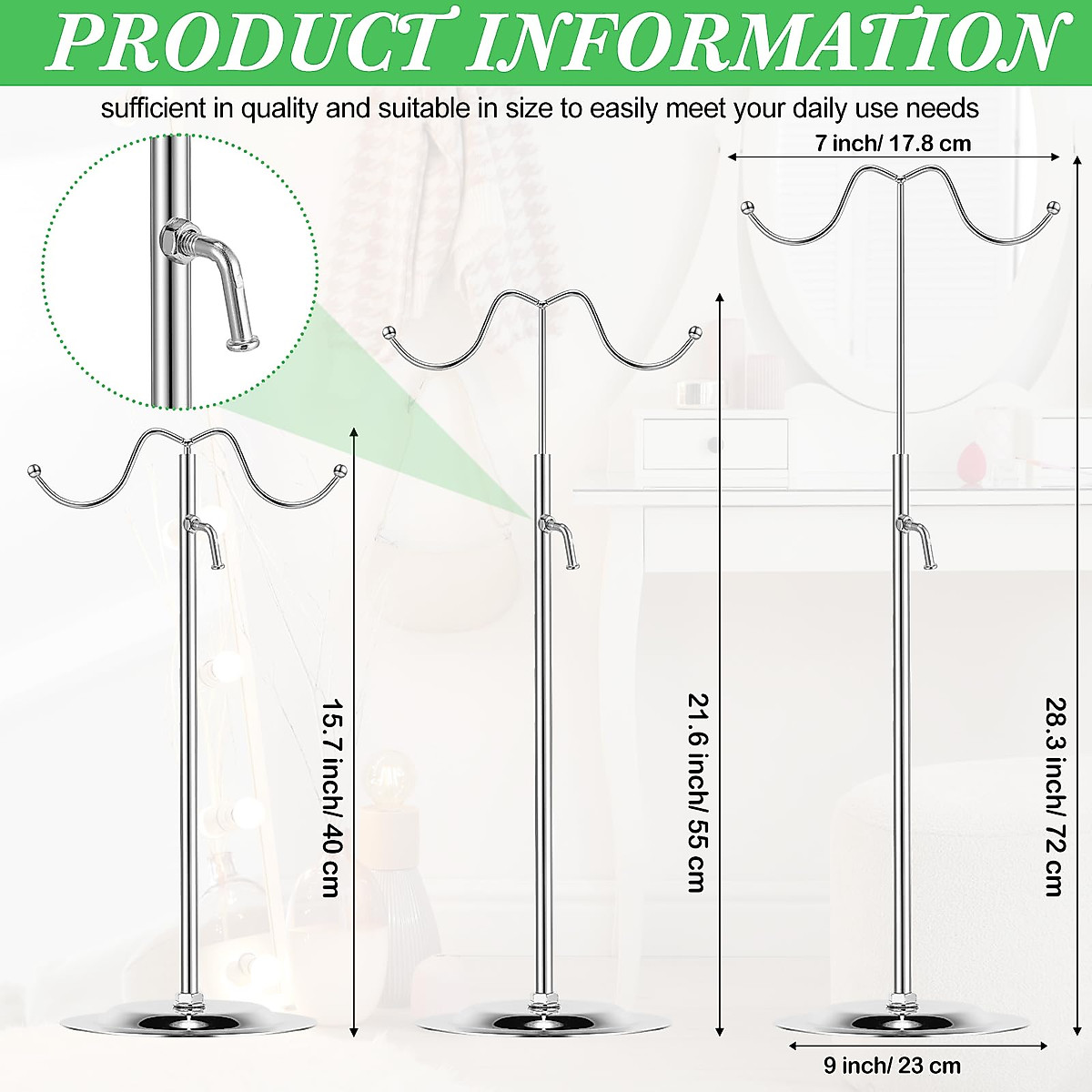 Nuenen 4 Pcs Double Hook Purse Display Stand Adjustable Stainless Steel Handbag Display Stand Metal Freestanding Bag Stand Holder for Purse Hat Wig Handbag