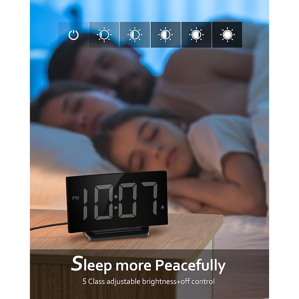 GOLOZA Digital Alarm Clock for Bedroom, Digital Clock with Modern Curved Design, Conspicuous White LED Numbers, 5 Levels Brightness+Off, 2 Volume, 3 Alarm Tones, Snooze,Power-Off Memory,12/24H