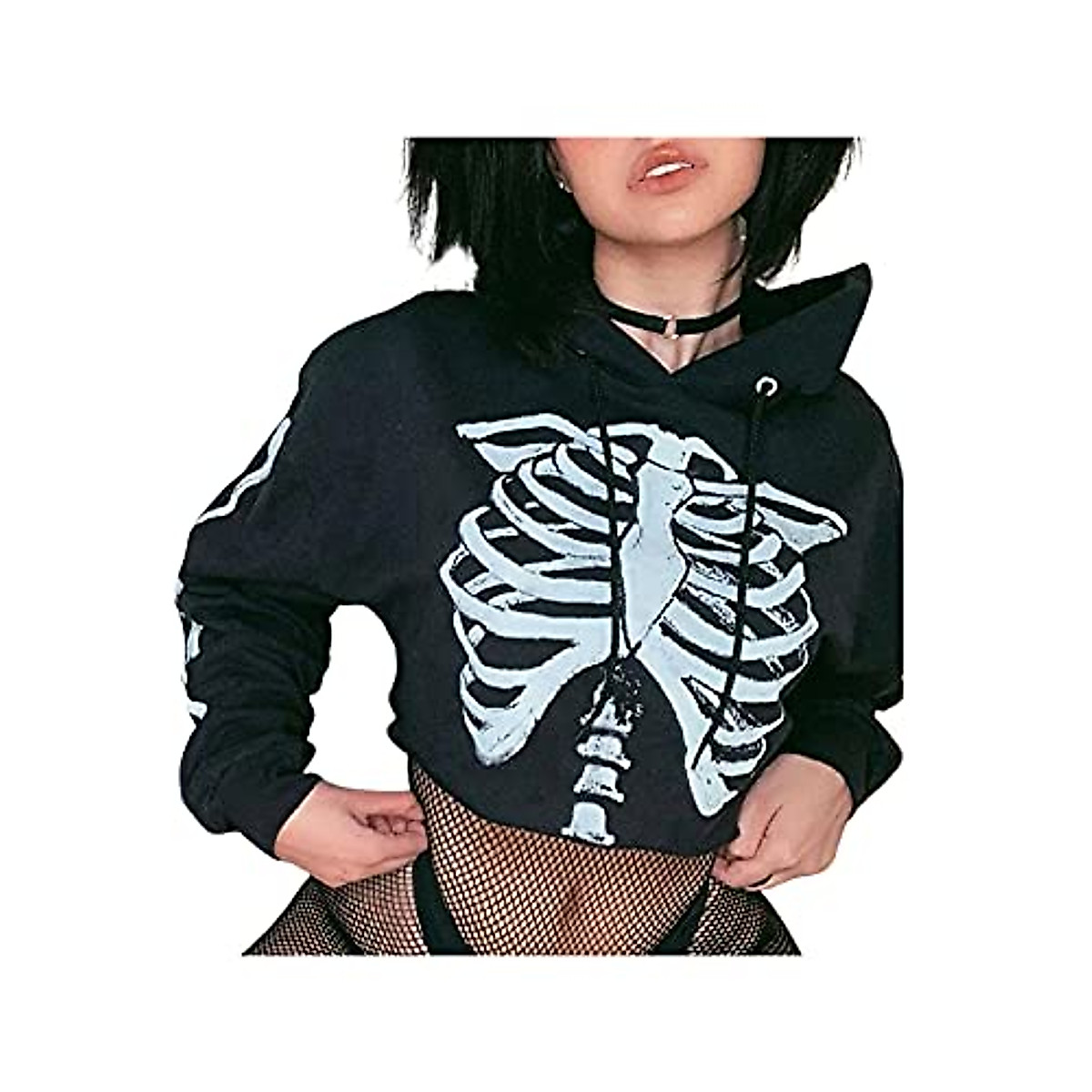 Chloefairy Women's Skeleton Print Crop Top Gothic Punk Hoodies Bandage Casual Pullover Long Sleeve Relaxed Fit Sweatshirts (Black, Small)
