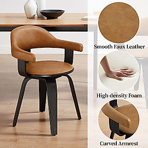 Art Leon Swivel Dining Chairs Set of 2, Mid Century Modern Faux Leather Kitchen Dining Room Chairs, Bentwood Accent Chairs with Wood Legs, Brown