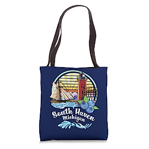 South Haven MI Lighthouse Blueberries Sailboat Beach Design Tote Bag