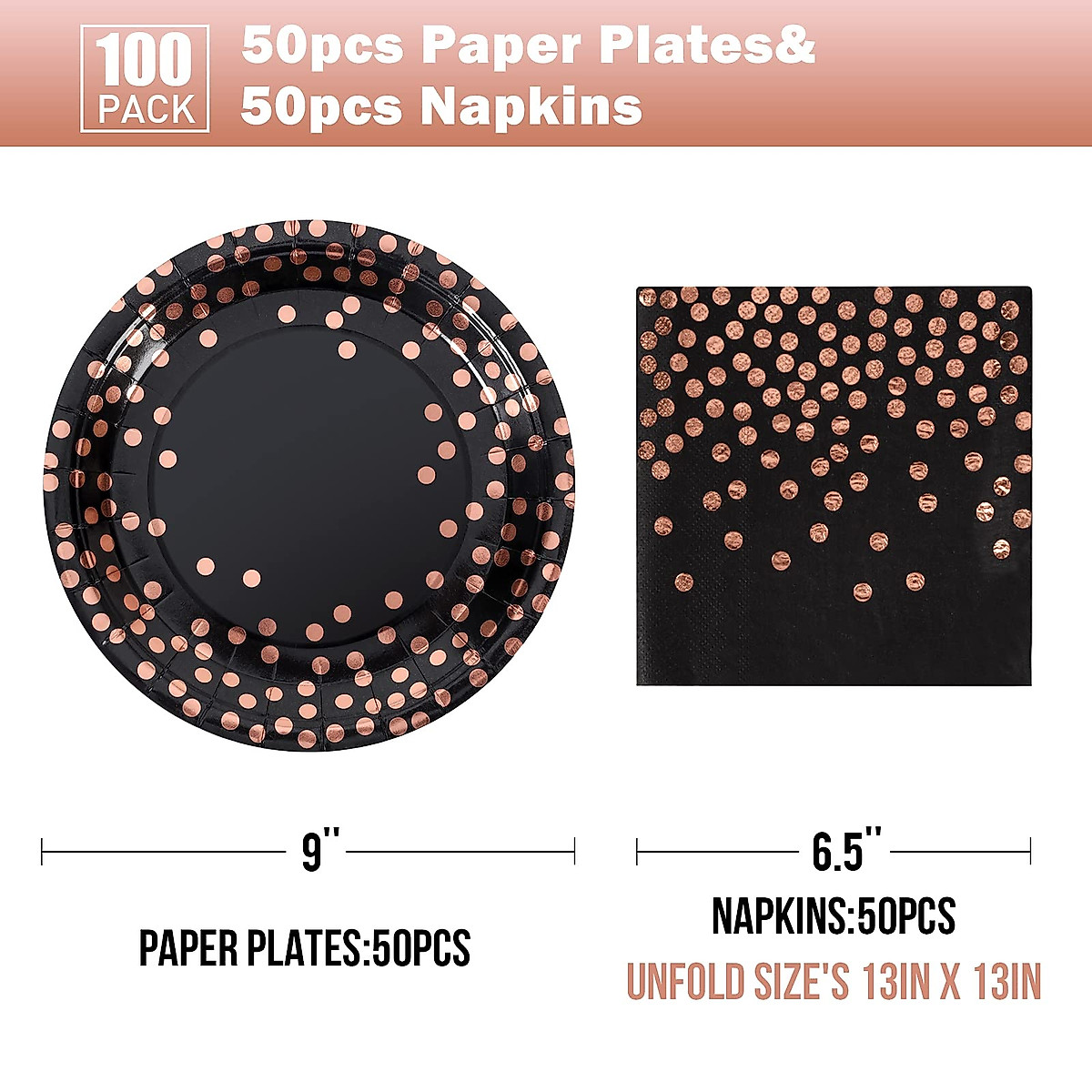 CENLBJ Black and Rose Gold Paper Plates- 100 Pack- 50 x 9 Dinner Plates & 50 x 6.5 Napkins, Black Paper Plates and Black Napkins Party Supplies for Birthdays and All Occasions