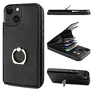 Folosu Compatible with iPhone 14 Case Wallet with Card Holder, 360°Rotation Finger Ring Holder Kickstand, RFID Blocking Leather Protective Double Buttons Shockproof Cover 6.1 Inch Black
