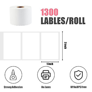 2x1 Thermal Labels, White Self Adhesive Label Stickers for Barcodes Address Shipping, Compatible with Zebra & Rollo Desktop Label Printers, 1300/Roll (1 Roll)
