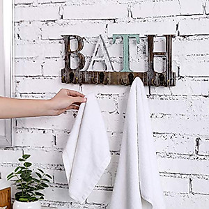 MyGift Wall Mounted Towel Hooks for Bathrooms, Rustic Torched Wood Hanging Towel Rack with 4 Dual Hooks and Bath Cutout Design