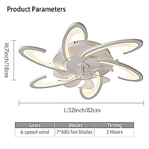 ARYROYAL Modern Indoor Recessed Ceiling Fan with Light, Dimmable Ceiling Fan with Remote Control, Intelligent Adjustment of 3 Colors of Light and 6 Wind Speeds, Suitable for Bedroom (White)