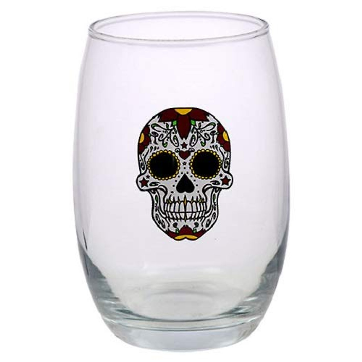 SET OF 3 Day of the Dead Stemless Skull Flower Wine Glasses, 15 oz glass Halloween Gasparilla