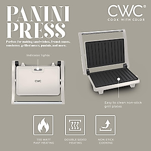 COOK WITH COLOR Panini Maker: Effortless Grilling at Your Fingertips - 2-Slice Press Grill, 760W Power, Non-Stick Plates, Cool Touch Handle, Compact Design, Fast Cooking - Ideal for Delicious Paninis!
