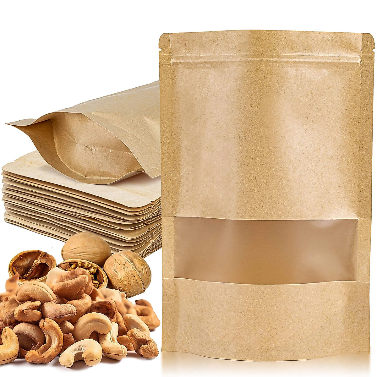 MAQIHAN 24 Stand Up Pouches Bags - 7"×10" Resealable Ziplock Kraft Paper Bags with Window Food Packaging Homemade Bagel Bread Cookie Candy Tea Herb Spice Coffee Jerky Dog Treat Bags Small Business