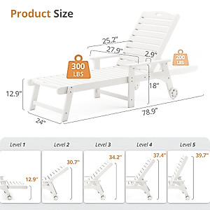 LUE BONA Outdoor Chaise Lounge Chairs Set of 2, HDPS Material, 3-Year Warranty, Patio Lounge Chair with Adjustable Backrest, Resin Pool Lounge Chairs with Wheels for Outside, Poolside, Beach, White